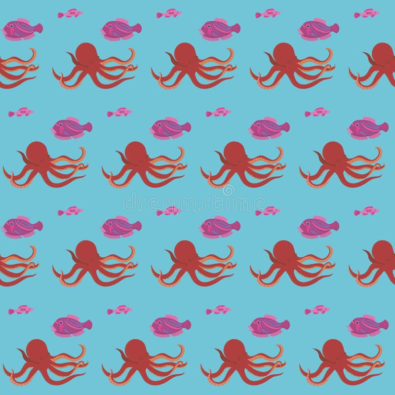 Orange Octopus with Fish in Cartoon Style. Seamless Pattern Stock ...