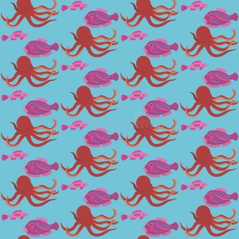 Orange Octopus with Fish in Cartoon Style. Seamless Pattern Stock ...
