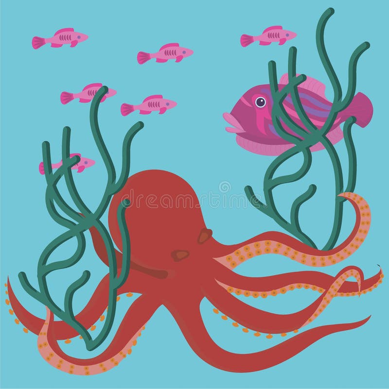 Orange Octopus with Fish and Seaweed in Cartoon Style. Stock Vector ...