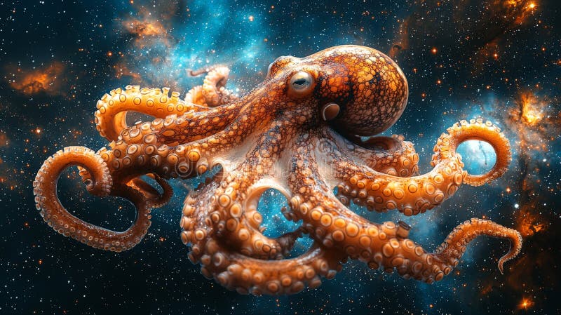 Orange Octopus Floating in Deep Space with Vibrant Nebula Backdrop ...