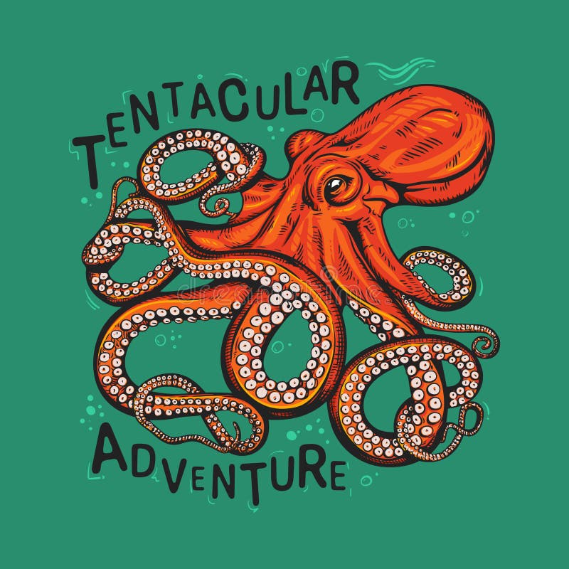 Orange Octopus Illustration on a Teal Background with Tentacular ...