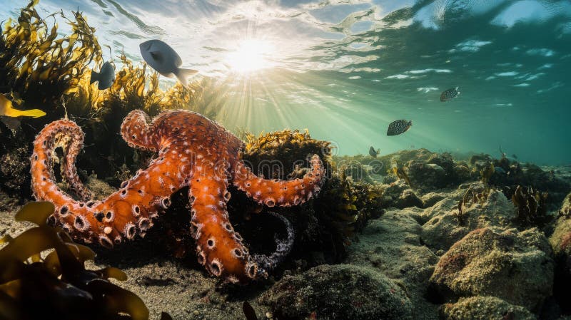 Orange Octopus in Underwater Coral Reef with Sunlight Stock ...