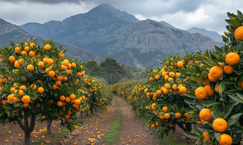 Orange Orchard with Mountain Backdrop at Dawn. Stock Photo - Image of ...