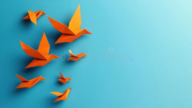 Orange Origami Birds Fly on a Light Blue Background, Freedom Stock ...