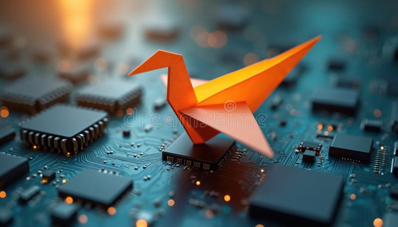 Orange Origami Crane Rests on Microchip Atop Complex Circuit Board ...