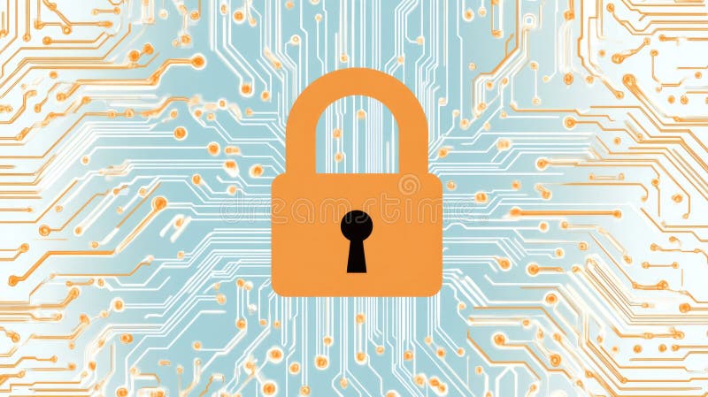 Orange Padlock Symbol on Circuit Board Background Representing ...