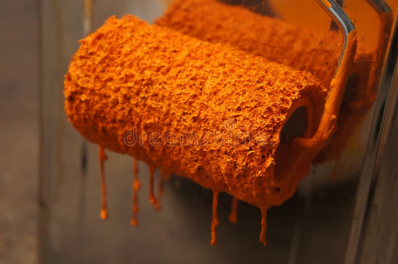 Roller Paint Dripping Orange Paint , Close Up Stock Photo - Image of ...