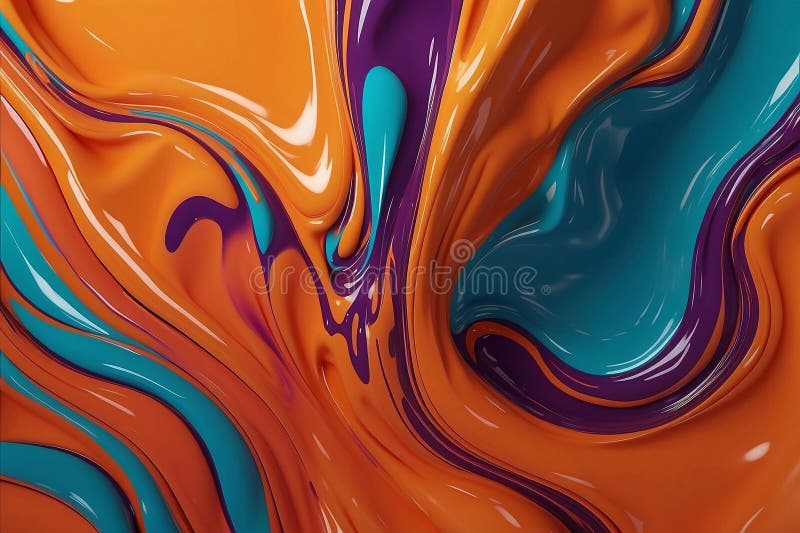 Orange Paint Flows Close-up Mixing with Blue and Purple. Paint Splashes ...