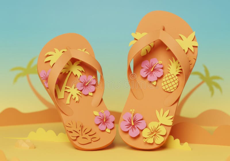 Orange Paper Flip-Flops with Tropical Flowers on Sandy Beach Stock ...