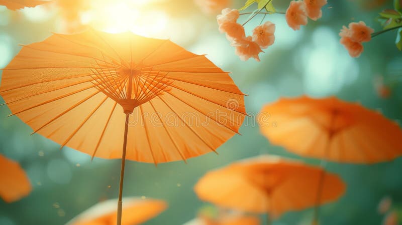 Orange Parasols Under Blooming Branches with Sunlight Stock Image ...