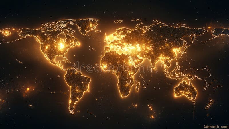 Orange Particles and Lines Forming World Map Showing Global Network ...