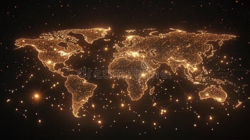 Orange Particles and Lines Forming World Map Showing Global Network ...