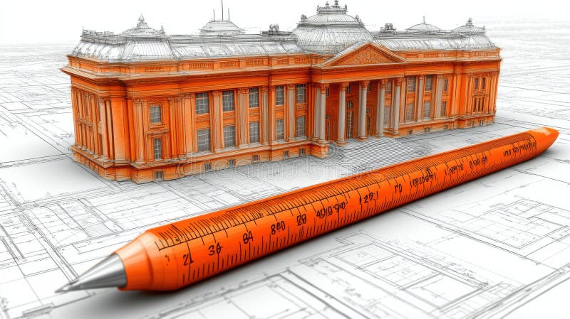 Orange Pen and Architectural Building Model on Blueprint Stock Photo ...
