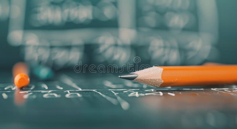 Orange Pencil on Black Chalkboard with Math Equations at a Study ...