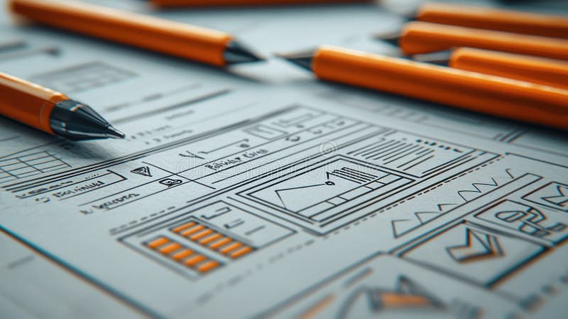 Orange Pens on a Website Wireframe Sketch Stock Image - Image of design ...