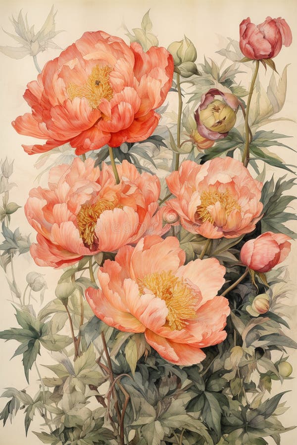 Orange Peony Flower Drawing. Generative AI Stock Illustration ...