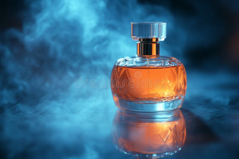 Orange Perfume Bottle with Diamond Pattern Glowing on Reflective ...