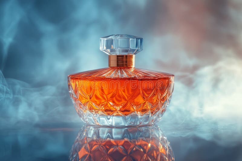 Orange Perfume Bottle with Diamond Pattern Glowing on Reflective ...