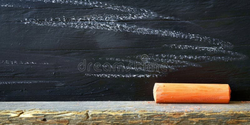 An Orange Piece of Chalk Rests on a Wooden Ledge Beneath a Black ...