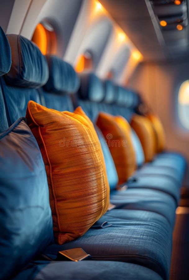 Orange Pillow and Blue Blanket Inside Airplane Stock Photo - Image of ...
