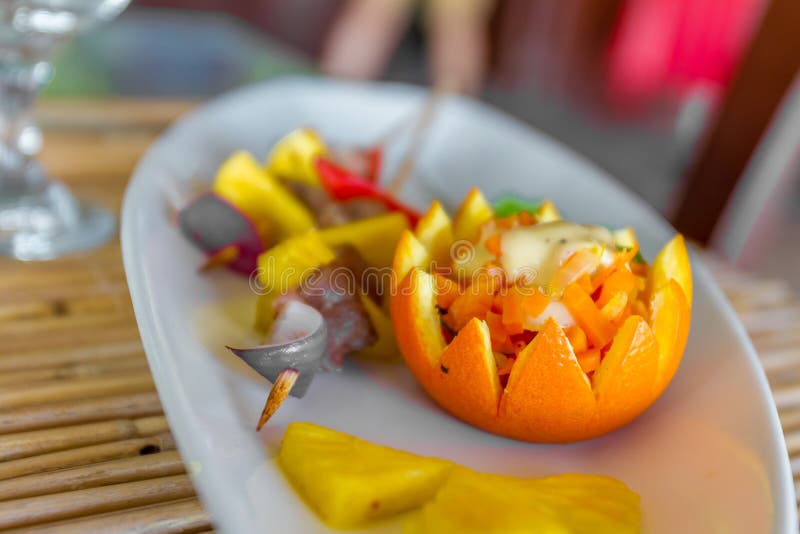 Orange and Pineapple Appetizer on Plate in Restaurant or Stock Image ...