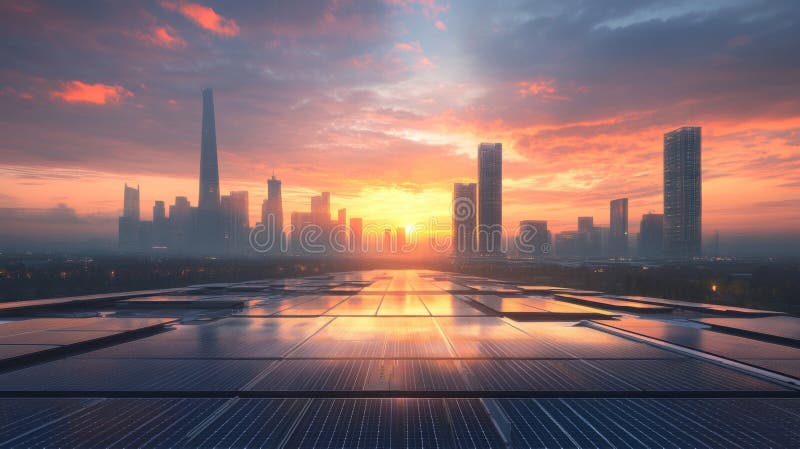 Orange and Pink City Sunset with Solar Panels Stock Illustration ...