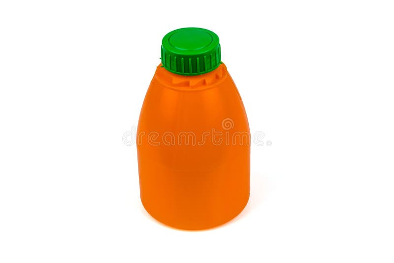 Orange Plastic Bottle with Green Cup. Stock Image - Image of copy ...