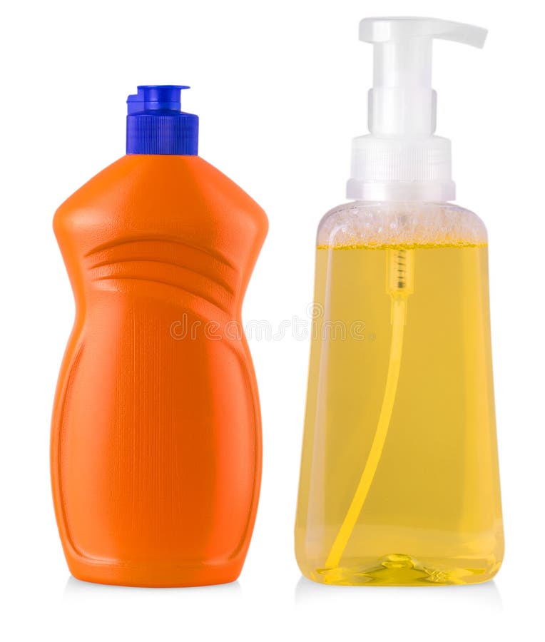 Orange Plastic Bottles with Liquid Laundry Detergent, Cleaning a Stock ...