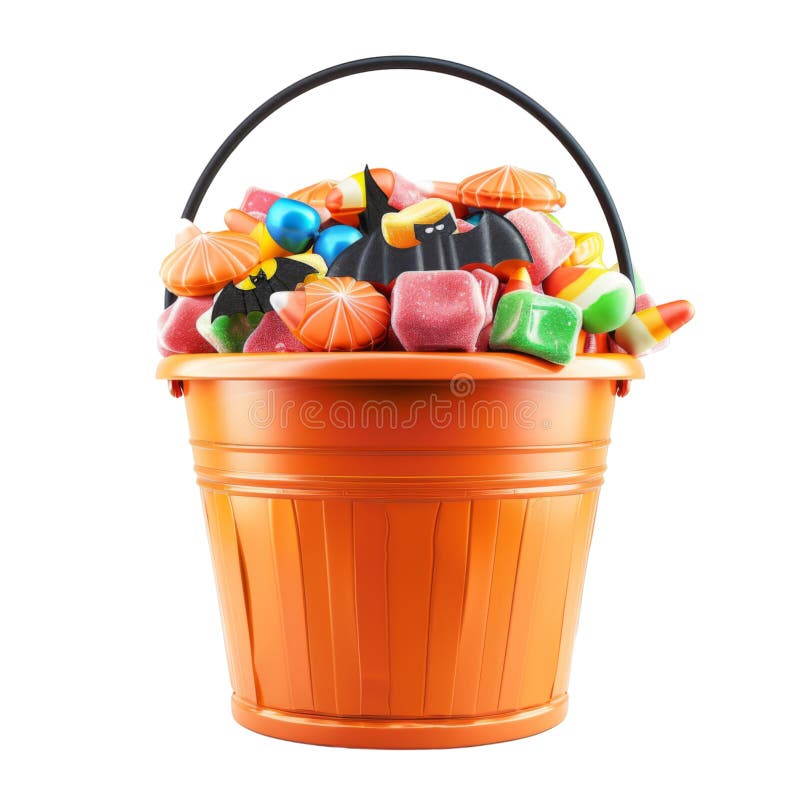 Orange Plastic Bucket Filled with Halloween Candy Stock Photo ...