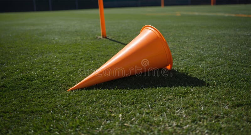 Orange Plastic Cone Lies on Bright Green Artificial Turf, Casting a ...
