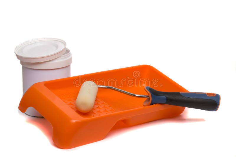 Orange Plastic Paint Tray with Roller and Bucket of Paint. Stock Image ...