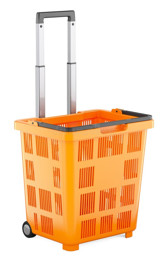 Orange Plastic Rolling Shopping Basket with Wheels and Handle. 3D ...