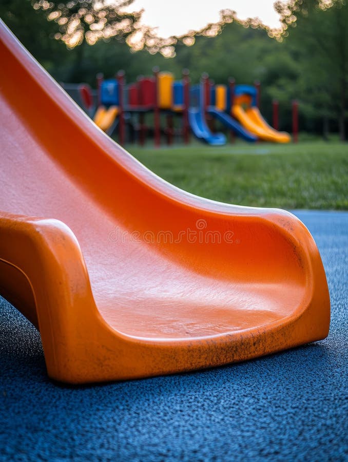 Orange Playground Slide with Colorful Equipment in Background Stock ...