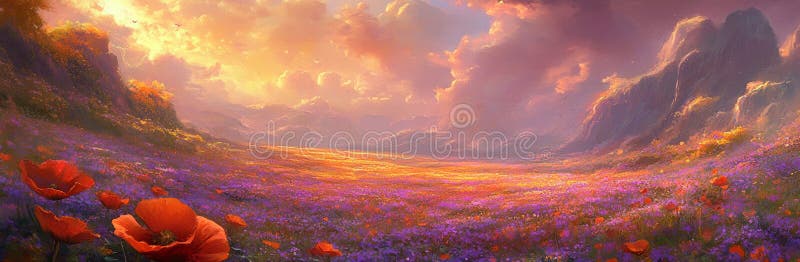 Orange Poppy Fields in Full Bloom Under a Golden Evening Sun, Stock ...