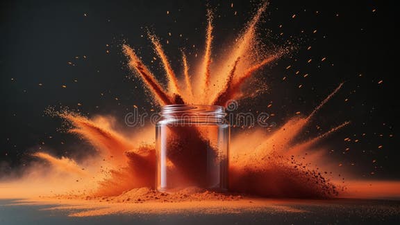 Orange Powder Exploding from Glass Jar on Dark Background Stock Image ...