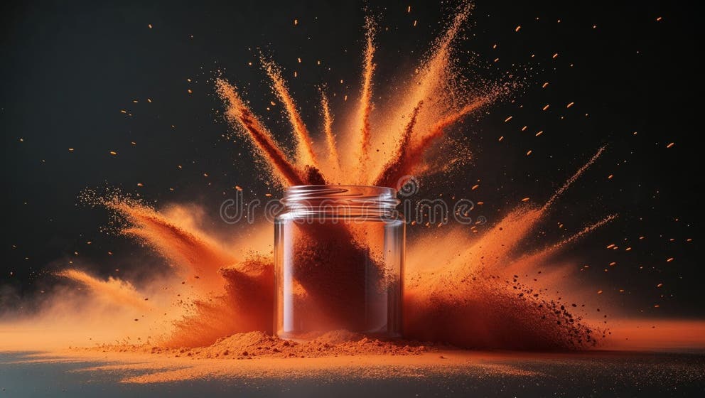 Orange Powder Exploding from Glass Jar on Dark Background Stock Image ...