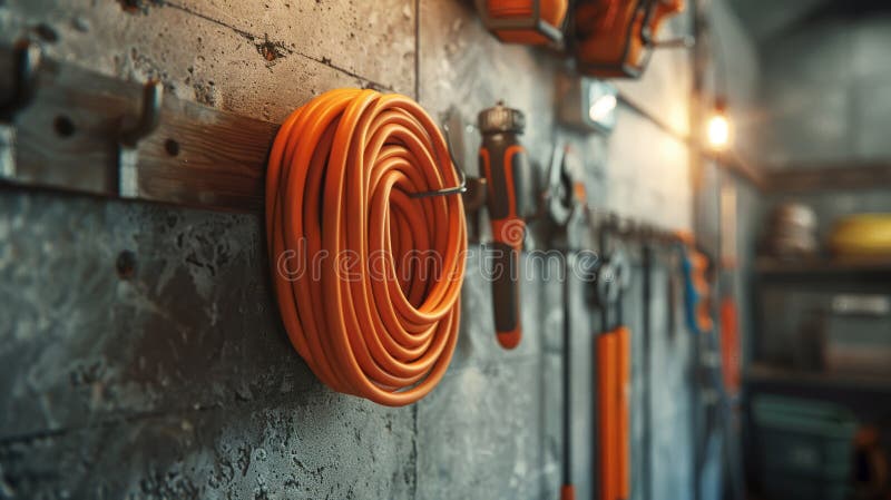 Orange Power Cord and Tools Neatly Organized in a Workshop. Stock Image ...