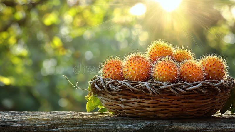Orange Prickly Fruits in a Basket, Sunny Outdoor Setting Stock ...