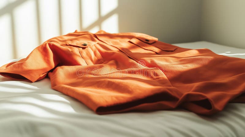 Orange Prison Uniform Lying on Bed in Soft Sunlight Casting Shadows on ...