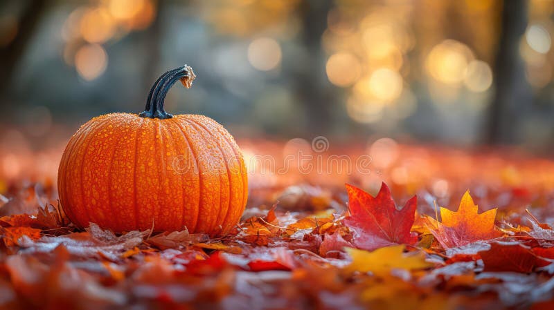 Orange Pumpkin on Autumn Leaves in Park, Hello Fall. Generative AI ...