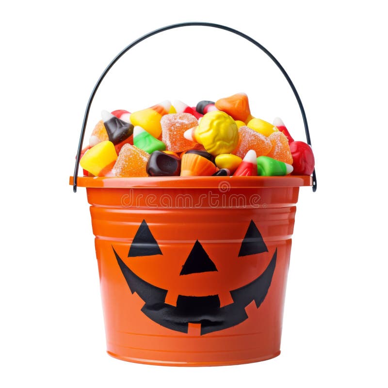 Orange Pumpkin-Shaped Bucket Filled with Assorted Halloween Candy Stock ...