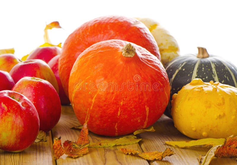 Orange Pumpkins with Apples and Fall Leaves Isolated on White Stock ...