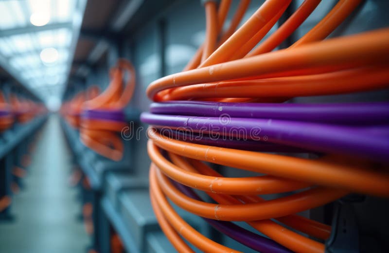 Orange, Purple Cables Installed on Building Ceiling. Electrical Cables ...