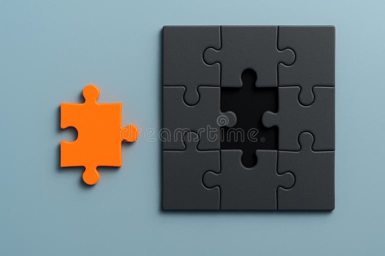 Orange Puzzle Piece Missing from Black Jigsaw Puzzle on Blue Background ...