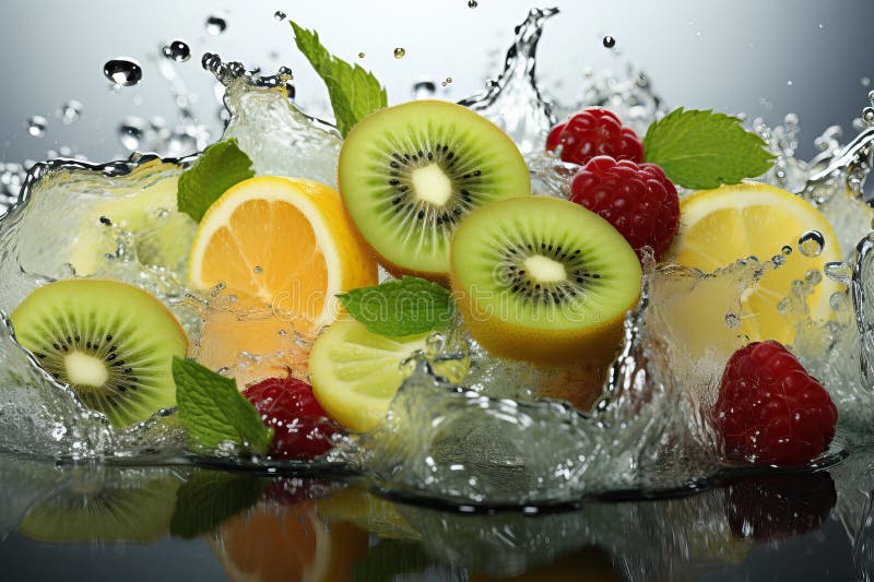 Orange, Raspberry and Kiwi in Water Splash, Fruit Boom in Water. Stock ...