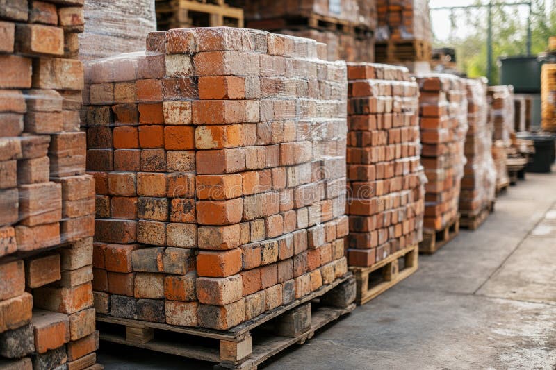 Orange Reclaimed Bricks Wrapped in Plastic are Stacked on Wooden ...