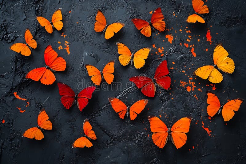 Orange and Red Butterflies on Black Background Stock Illustration ...