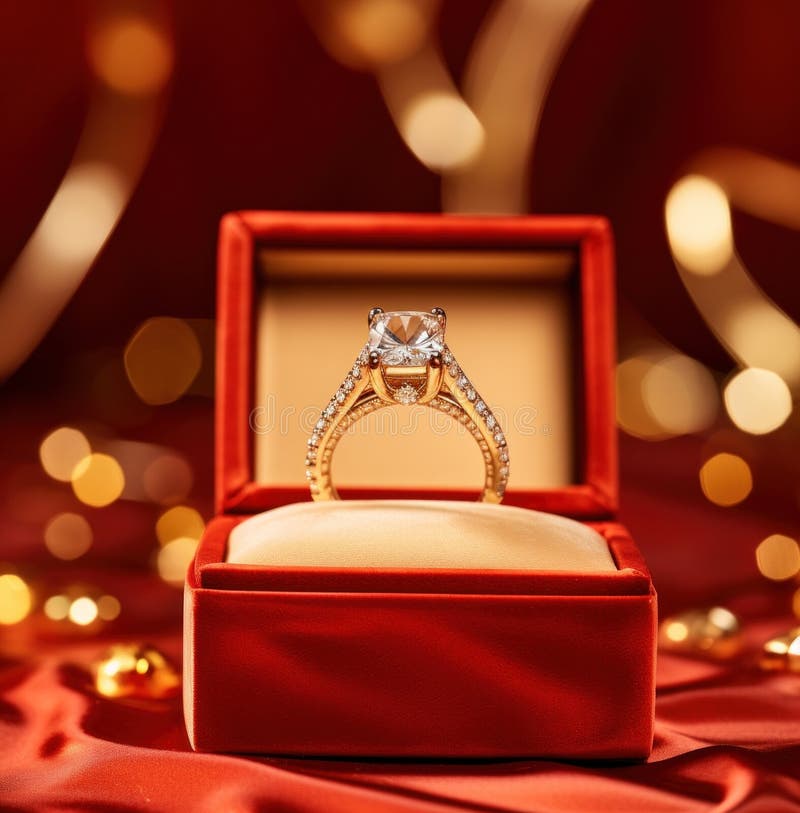 An Orange and Red Engagement Ring with Red Diamonds is Sitting in a Red ...