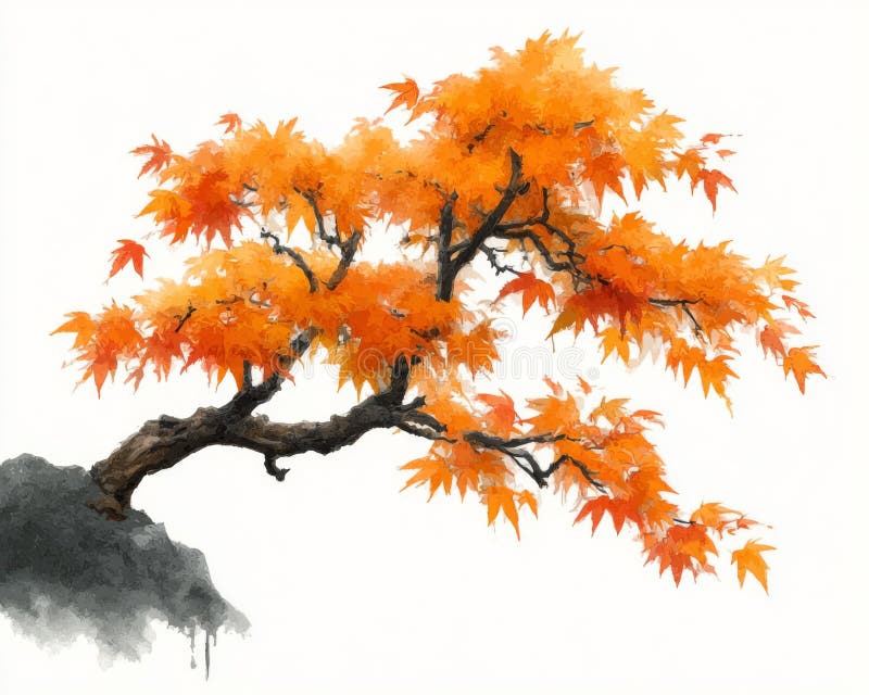 Orange and Red Maple Tree Watercolor Painting Stock Illustration ...