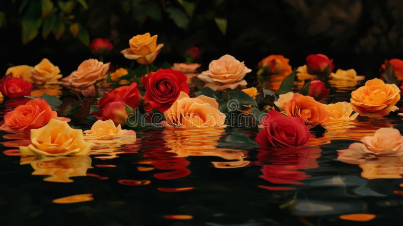 Orange and Red Roses Floating on Dark Water Stock Illustration ...